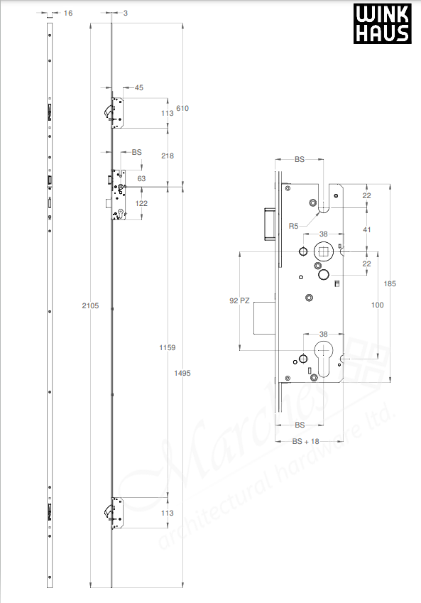 Winkhaus 45mm AV2 16mm Heritage Espag LH - 2.1m - Single Door Locks ...