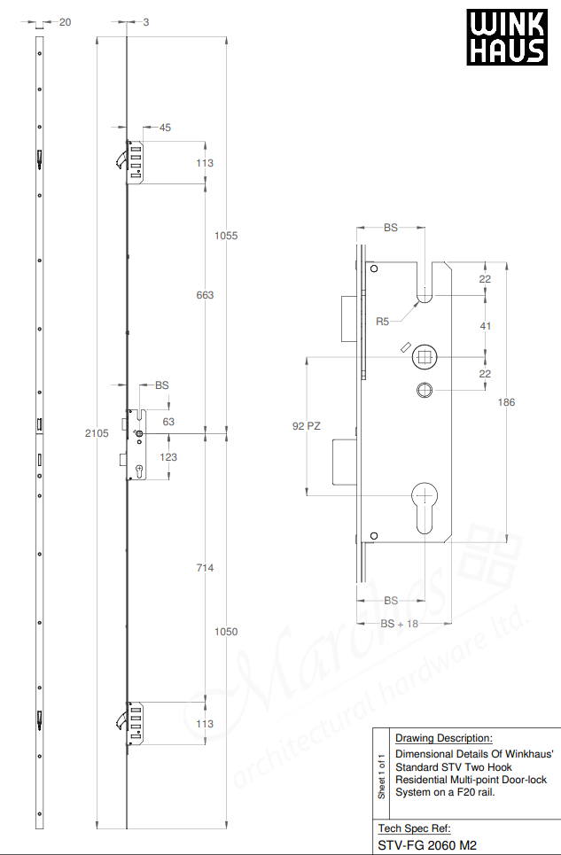 Winkhaus 20mm Cobra 2 Hook Key Operated 2.1m Espag Lock - 45mm BS ...