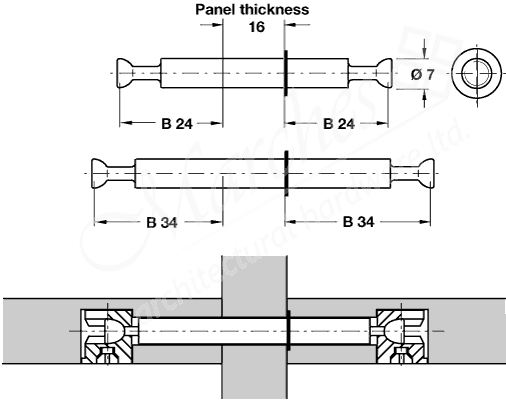 Double-ended bolt, for ø 8 mm holes, for 16 mm panel thickness ...