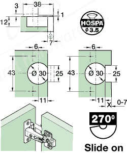 Grass 270° hinge with exposed axle, ø 30 mm cup, screw fixing, slide on ...
