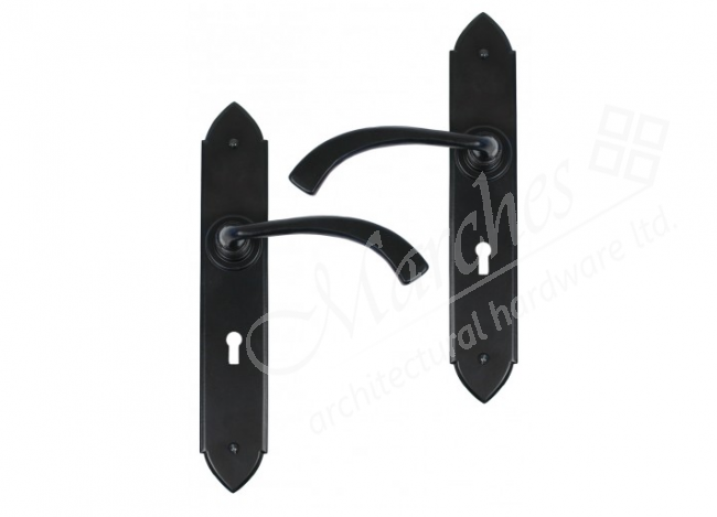 Gothic Curved Handle Set - Black - Lever Handles on Backplate - Door ...