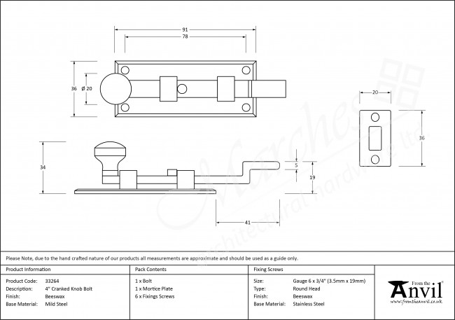 4" Cranked Knob Bolt - Beeswax - Slide Action Bolts - Bolts - Door ...