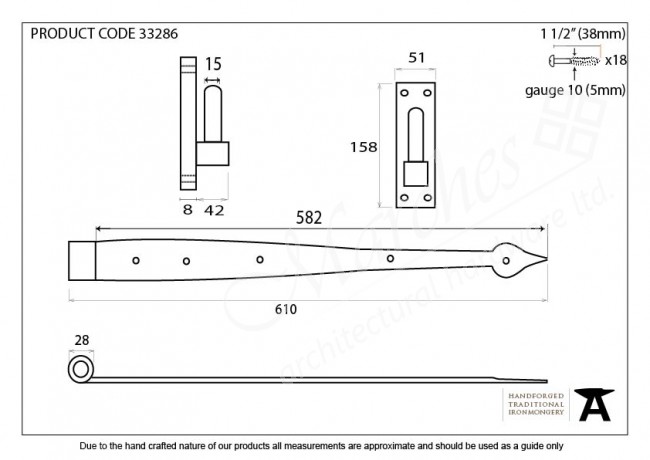 Hand Made 24'' Hook & Band Hinge (pair) - Black - Reversible & Hook ...