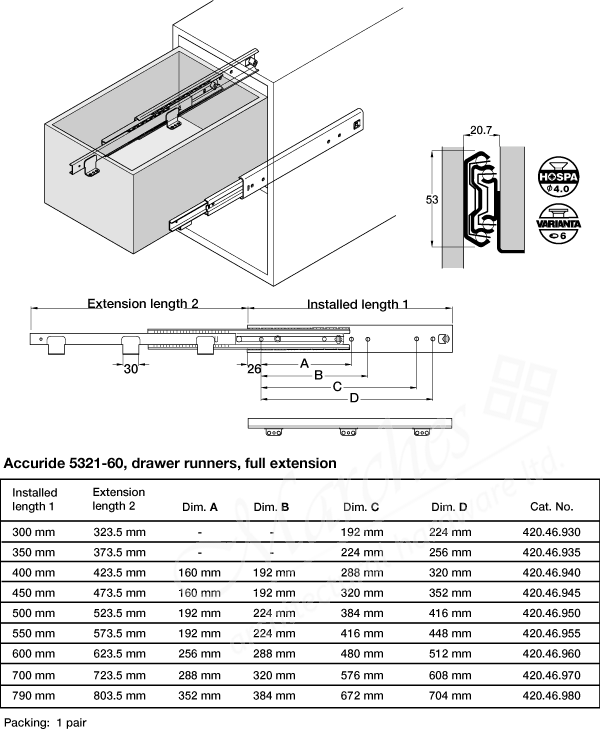 Full Ext Runner Zn-pl St 300mm 120kg - Ball bearing runners, full ...
