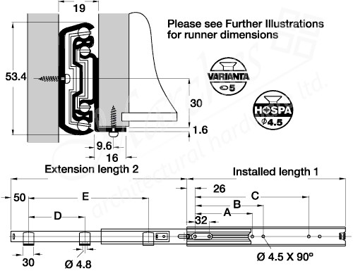 Heavy Duty Runner 500mm Bright - Ball bearing runners, full extension ...