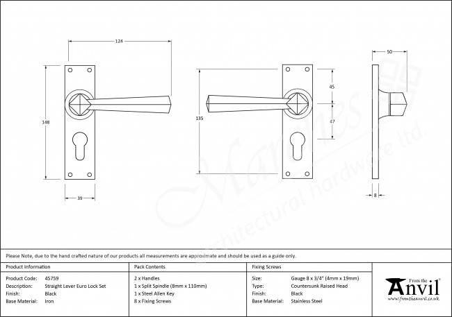 Black Straight Lever Euro Lock Set - Lever Handles on Backplate - Door ...