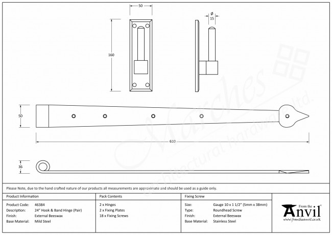 24" Hook & Band Hinge (pair) - Various Finishes - Hook & Band Hinges ...