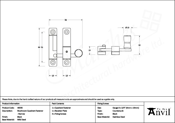 Mushroom Quadrant Fastener - Narrow - Black - Sash Fasteners - Sash ...