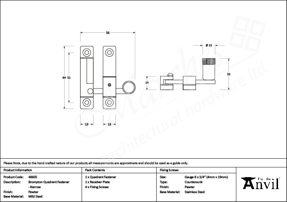 Brompton Quadrant Fastener - Narrow - Pewter Patina - Sash Fasteners ...