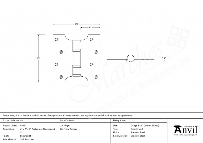 4" x 2" x 4" Parliament Hinge (pair) SS - Polished SS - Parliament ...