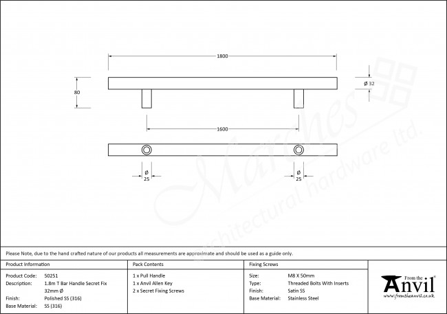 1.8m T Bar Handle Secret Fix 32mm Ø - Polished SS (316) - Pull Handles ...