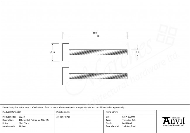 100mm Bolt Fixings for T Bar (2) - Matt Black SS (304) - Marches ...
