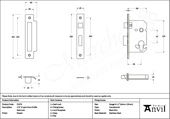 2½" Euro Profile Sash Lock - Various Finishes - Euro Profile Lock Cases ...