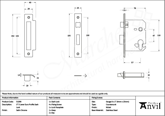3" Euro Profile Sash Lock - Satin Chrome - Euro Profile Lock Cases ...