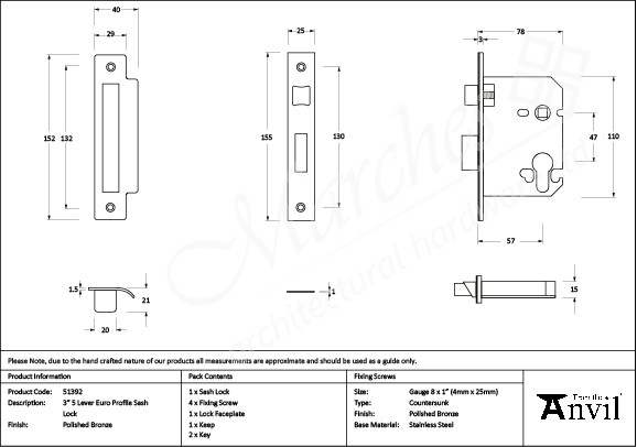 3" Euro Profile Sash Lock - Polished Bronze - Euro Profile Lock Cases ...