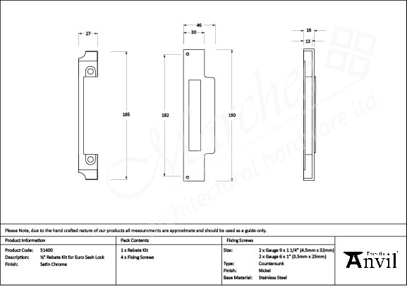 ½" Rebate Kit for Euro Sash Lock - Satin Chrome - Euro Profile Lock ...