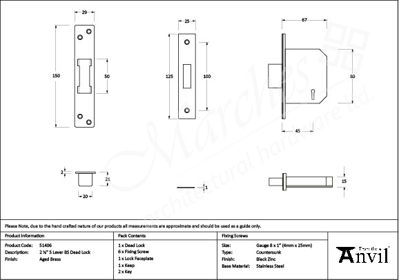 2½" 5 Lever BS Dead Lock - Aged Brass - British Standard Deadlocks ...