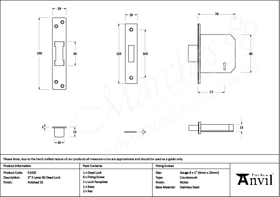 3" 5 Lever BS Dead Lock - Polished Stainless Steel - British Standard ...