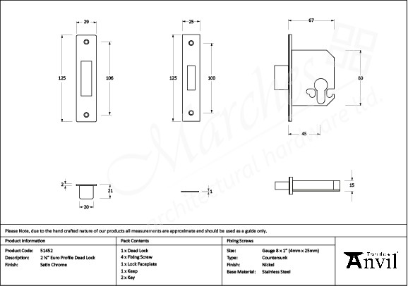 2½" Euro Profile Dead Lock - Satin Chrome - Euro Profile Lock Cases ...