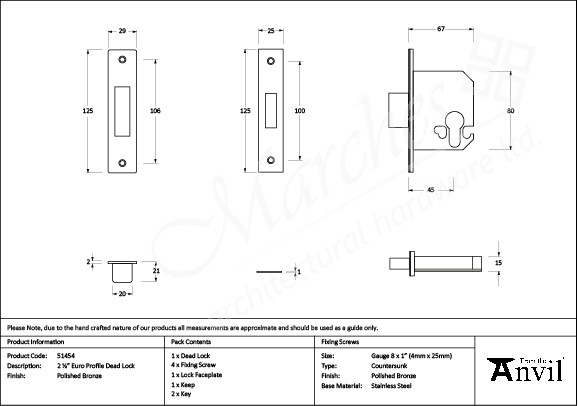 2½" Euro Profile Dead Lock - Polished Bronze - Euro Profile Lock Cases ...
