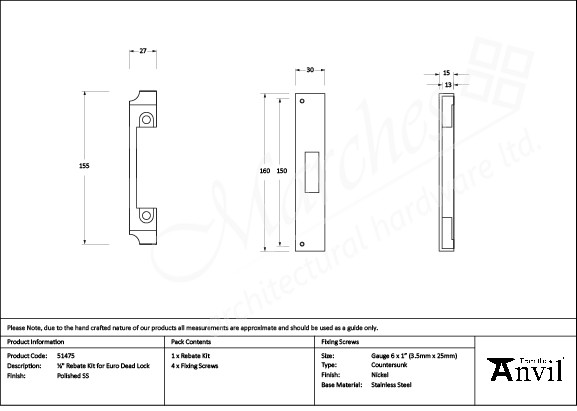 ½" Rebate Kit for Euro Dead Lock - Polished Stainless Steel - Euro ...