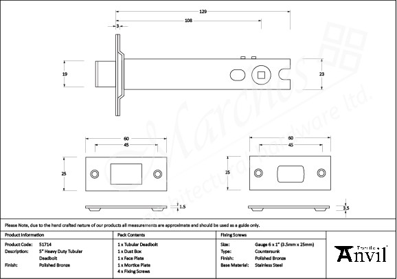 5" Heavy Duty Tubular Deadbolt - Polished Bronze - Mortice Deadbolts ...