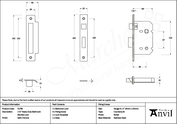 2½" Heavy Duty Bathroom Mortice Lock - Satin Chrome - Bathroom Locks ...