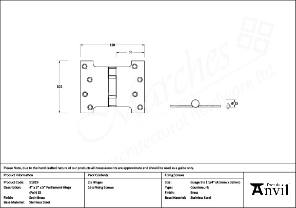 4" x 3" x 5" Parliament Hinge (pair) ss - Satin Brass - Parliament ...