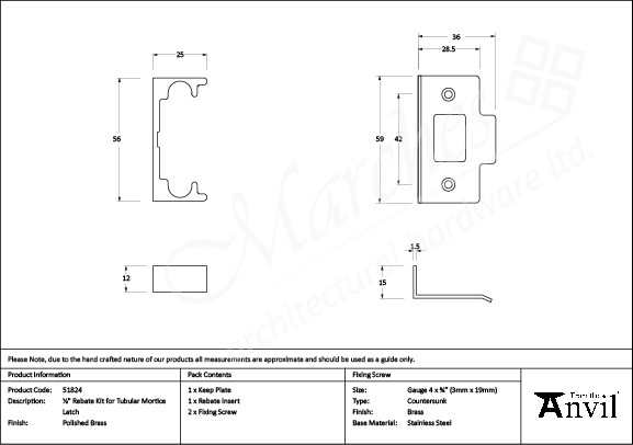 ½" Rebate Kit for Tubular Mortice Latch - Polished Brass - Mortice ...