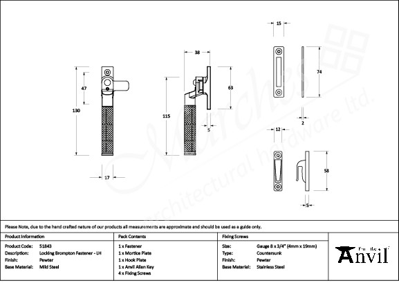 Locking Brompton Fastener - LH - Pewter Patina - Casement Fasteners ...