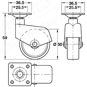 Enclosed wheel castor, plate fixing, ø 50 mm - Marches Architectural ...