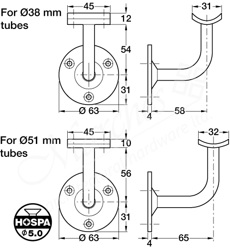 Handrail Bracket Pss 51mmdia - Handrail brackets - Door Furniture ...