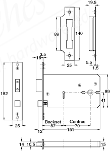 Horizontal mortice sash lock, 5 lever, 57 mm backset - Sash locks cases ...