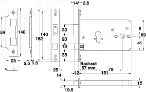 Horizontal mortice cylinder sash lock case, 57 mm backset - Sash locks ...