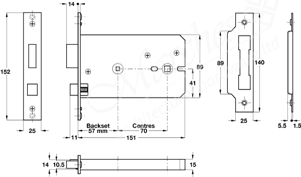 Horizontal mortice bathroom lock, 57 mm backset, 8 + 5 mm followers ...