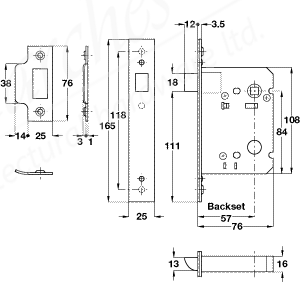 Mortice latch, 57 mm backset, 76 mm case size - Mortise Latches ...