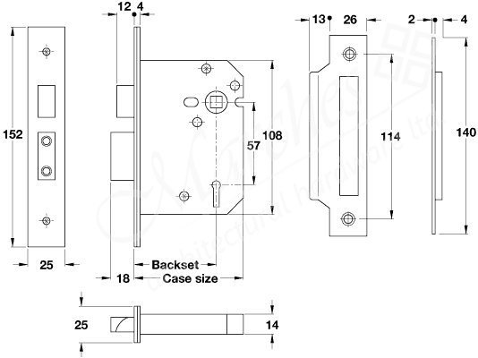 Mortice 5 lever sash lock, 57 mm lock centres, 57 mm backset, Modular ...