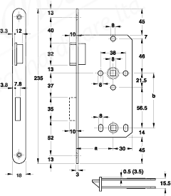 Mortice bathroom lock, 78 mm lock centres, 55 mm backset - Mortise ...