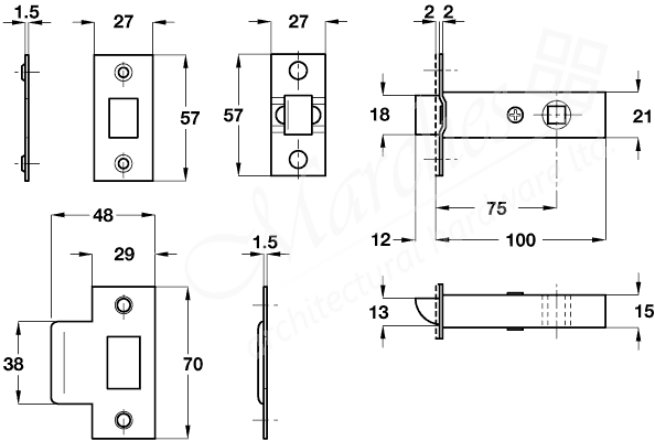 Tubular mortice latch, heavy duty, 75 mm backset, 100 mm case size ...