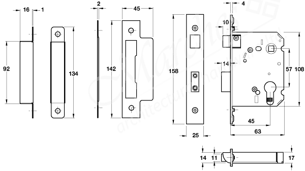 Mortice cylinder sash lock case, 57 mm lock centres, 45 mm backset ...