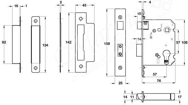 Mortice cylinder sash lock case, 57 mm lock centres, 57 mm backset ...