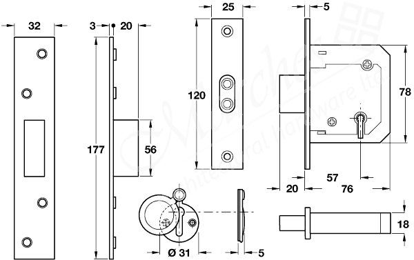 Mortice 5 lever deadlock, 57 mm backset, BS 3621: 2007 - Deadlocks ...