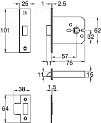 Mortice box latch, 57 mm backset, 76 mm case size - Mortise Latches ...