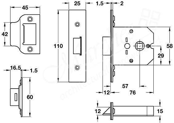 Mortice box latch, 57 mm backset, 76 mm case size - Mortise Latches ...