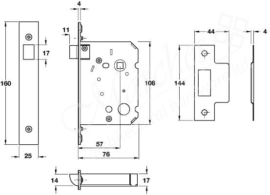 Mortice latch, 57 mm backset, 76mm case size, Modular - Mortise Latches ...