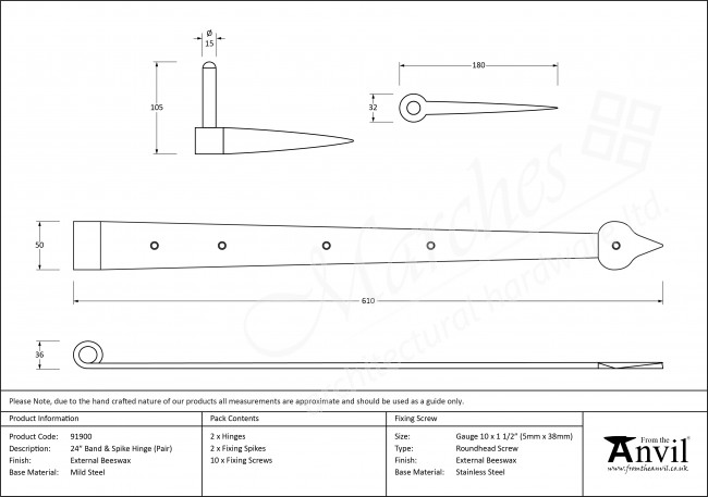 24" Band & Spike Hinge (Pair) - External Beeswax - Reversible & Hook ...