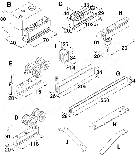 HAWA-Centrefold 80/H fitting set - Fitting set for sliding stacking ...