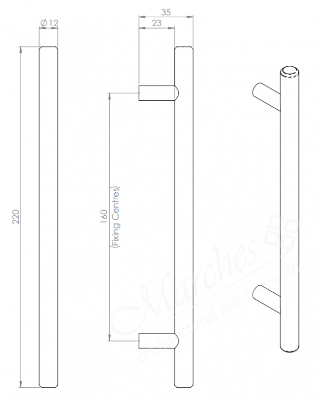 Steel T-Bar Handle 220mm (160cc) - Various Finishes - Cabinet Handles ...